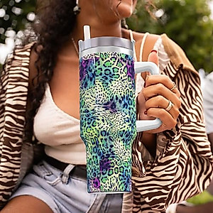 HULIBIN Green Leopard Print Double Deck Stainless Steel Travel Coffee Cup With Lid 40 Oz Ice Bully Cup