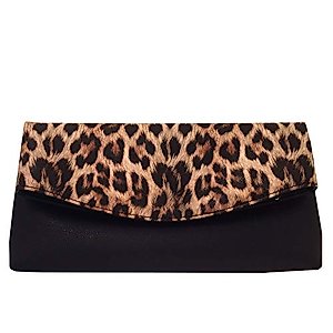 JNB Synthetic Leather Leopard Print Fold Over Clutch, Brown