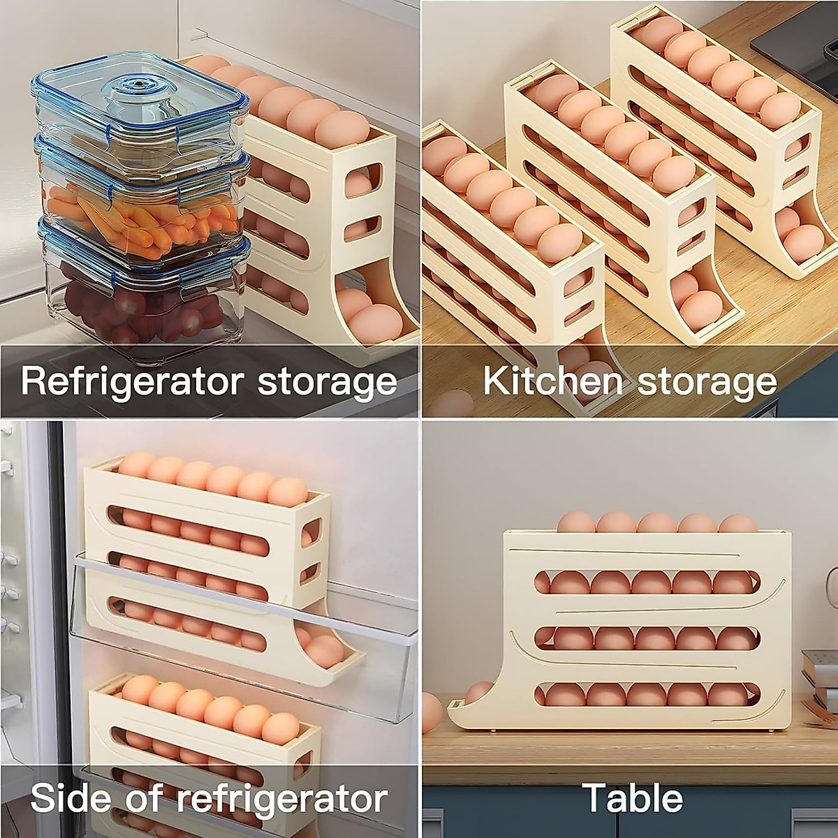 30 Eggs Egg Holder for Fridge,4 Tiers Egg Holder for Fridge,Auto Rolling Fridge Egg Organizer for Refrigerator,Space-Saving Egg Dispenser Holder,Fridge Egg Rack, Egg Storage Rack for Kitchen(White)
