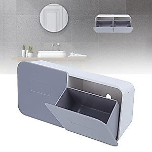 Cotton Swab Storage Box, 2 Grids Clamshell Removable Storage Organizer, Wall Mounted Storage Container with 2 Super Glue for Cosmetic Sponge Sanitary Napkins Makeup Pads Bath Salts Kitchen(White Gray)