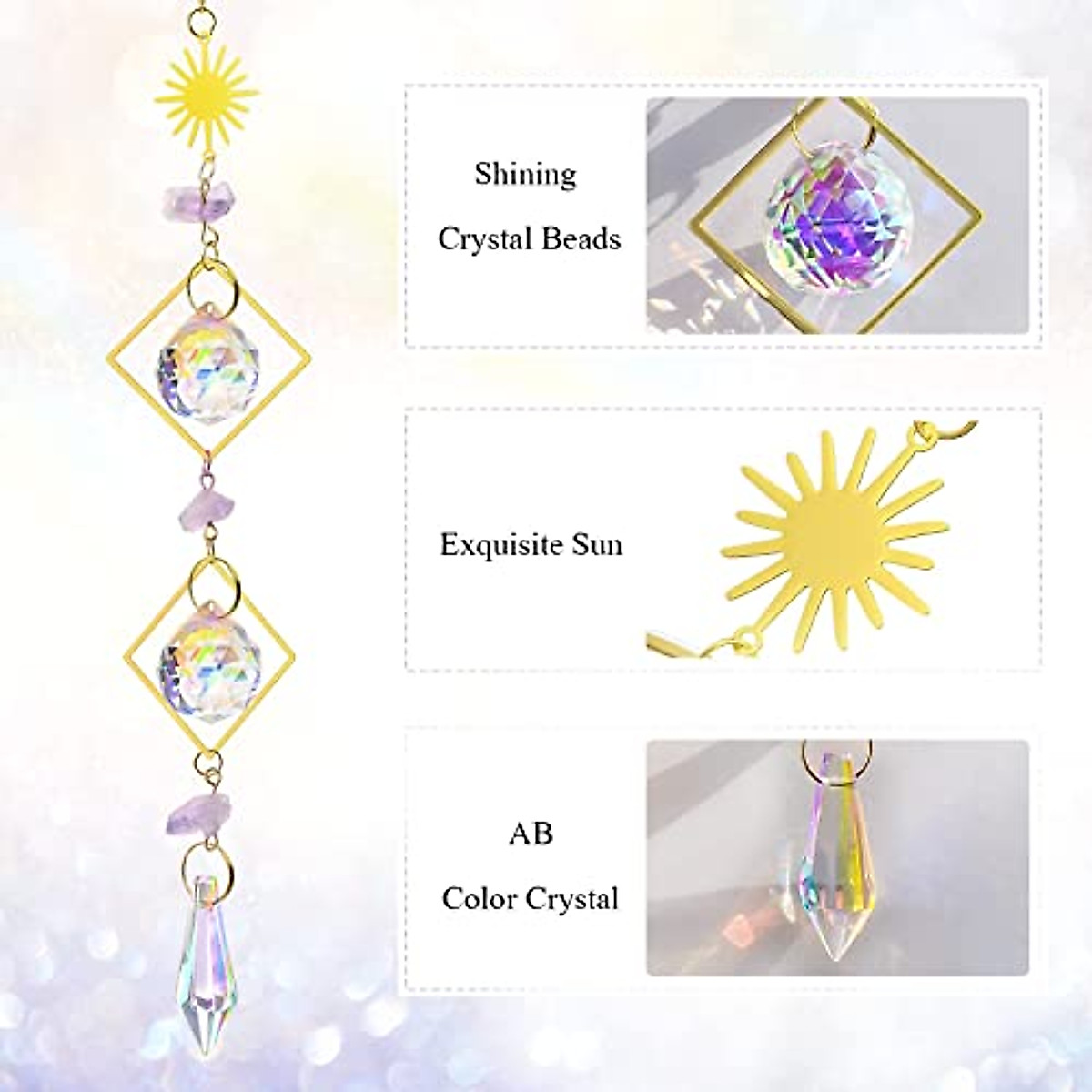 Crystal Suncatcher Rainbow Maker Hanging Prism Ornament Pendant Home Garden Car Decoration 4 Pack Gift Kit Sun Catchers Indoor Window, 13.8 Inch