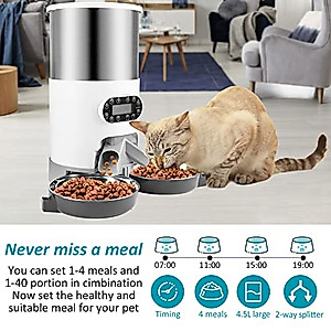 Automatic Cat Feeder, 4.5L Cat Food Dispenser, Timed Small Pet Feeder with 2-Way Splitter & 10s Voice Recorder, Auto Cat Feeder for Cat & Small Dog
