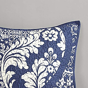 Madison Park Vienna Reversible Cotton Quilt-Luxury Stitching Design All Season, Breathable Coverlet Bedspread Bedding, Shams, Decorative Pillow, King/Cal King, Indigo 6 Piece