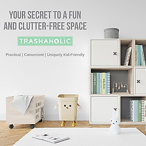 3.2-Gallon Cute Kids Trash Can - Durable Waste Basket Perfect for Kids Rooms, Classrooms, Pediatric Clinics - Beige Square-Shaped Trash Bin w/Arms & Legs - Comes with Removable Trash Bag Holder