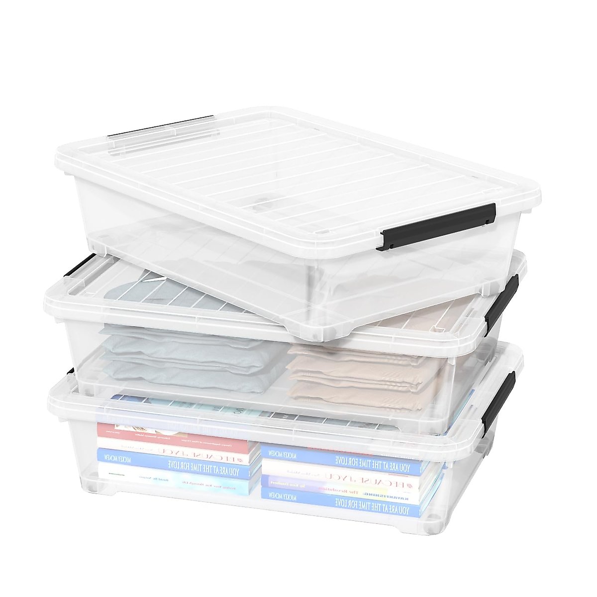 Afromy 3 Pack 20 Qt Wheeled Latching Storage Box, Stackable Underbed Bin with Latch Lid, Clear