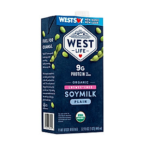 West Life Organic Soy Milk, Unsweetened Plain, Low Sugar, 9g of Protein, Vegan Dairy Alternative, Lactose-Free, Shelf Stable, 32oz (Pack of 6)