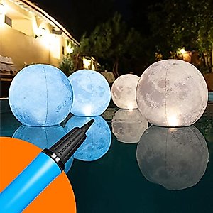 TIALLY 4 Pack Full Moon Solar Floating Pool Lights with Hand Pump for Inflatables - Waterproof 14" Solar Balls for Pool, Party Decor for Outdoor, Easy to Inflate with The Manual Balloon Hand Pump