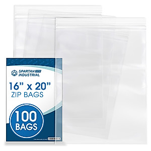Spartan Industrial - 16” X 20” (100 Count) 2 Mil Clear Reclosable Zip Plastic Poly Bags with Resealable Lock Seal Zipper