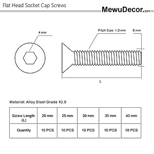 M6-1.0 x 20/25/30/35/40mm Flat Head Socket Cap Screws, Allen Socket Drive, Alloy Steel Grade 10.9, Black Oxide, 50 PCS