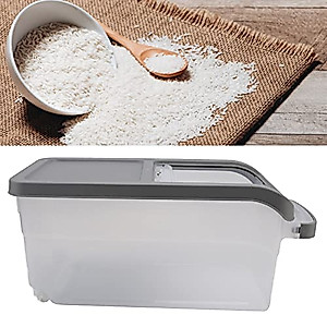 Rice Storage Box, 10KG Transparent Grain Dispenser Container with Slide Cover Wheels and Measuring Cup (Grey)