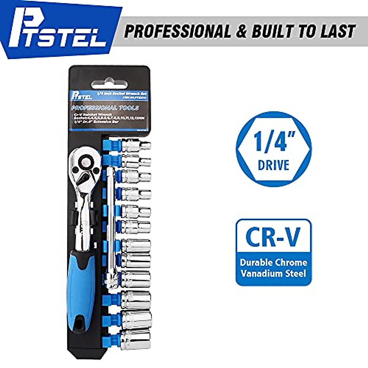 PTSTEL 14 Pieces Socket Wrench Kit, 1/4” Drive Socket Set with 72 Teeth Release Ratchet Wrench and Extension Bar, CR-V Sockets