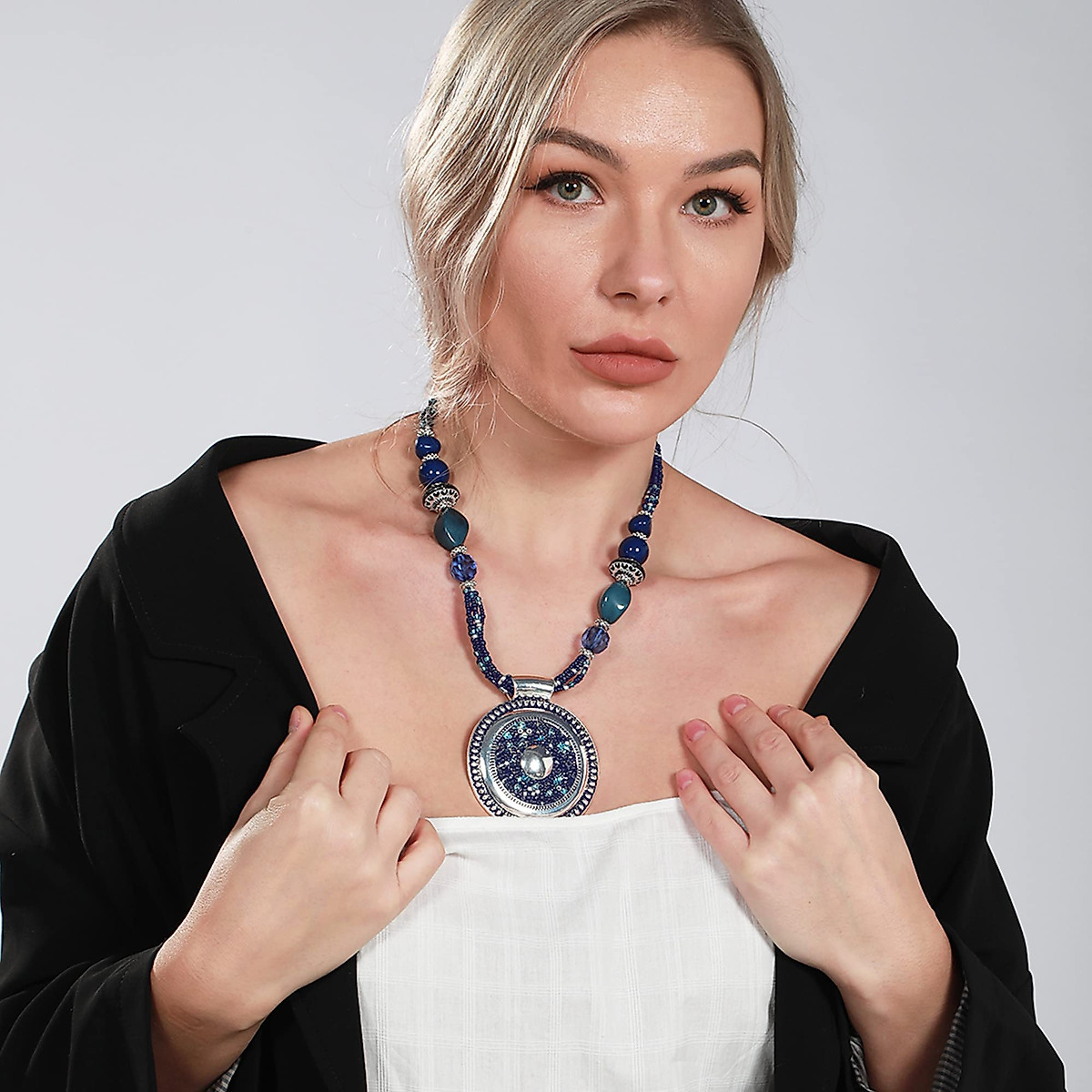 Bocar Statement Aquamarine Seed Beads Chunky Collar Pendant Necklace (NK-10343-navy blue)