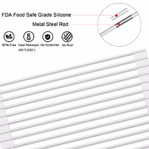 H S T Over The Sink Dish Drying Rack for Kitchen - 17" x 13" Heavy Duty Silicone Wrapped Steel Rods Over Sink Dish Drying Rack - Multipurpose Roll Up Sink Drying Rack - White