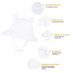 Zando Baby Sun Hat Bucket Hat Wide Brim Beach Caps Toddler Hats for Boys with Bear Ears Infant Summer Hat for Girls White 0-6Months