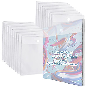 ABuff 30 Pieces 12x12 Inch Scrapbook Paper Storage Organizer with Hook and Loop Closure Plastic Paper Holder Craft Paper Storage for Holding Scrapbook Paper, Vinyl Paper, Photos, Documents, Clear