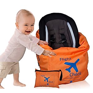 Car Seat Travel Bag and Carrier for Gate Check with Travel Pouch - Bright Orange with Blue Letters for Airport, Airplane Gate Check, Car Trips and Storage Double Backpack Straps | Carseat Bag for sto
