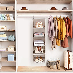 Vailando Hanging Closet Organizer 5-Shelf, Hanging Shelves for Closet with 4 Side Pockets, Linen, 11.8''W x 11.8''D x 47.2''H, Grey