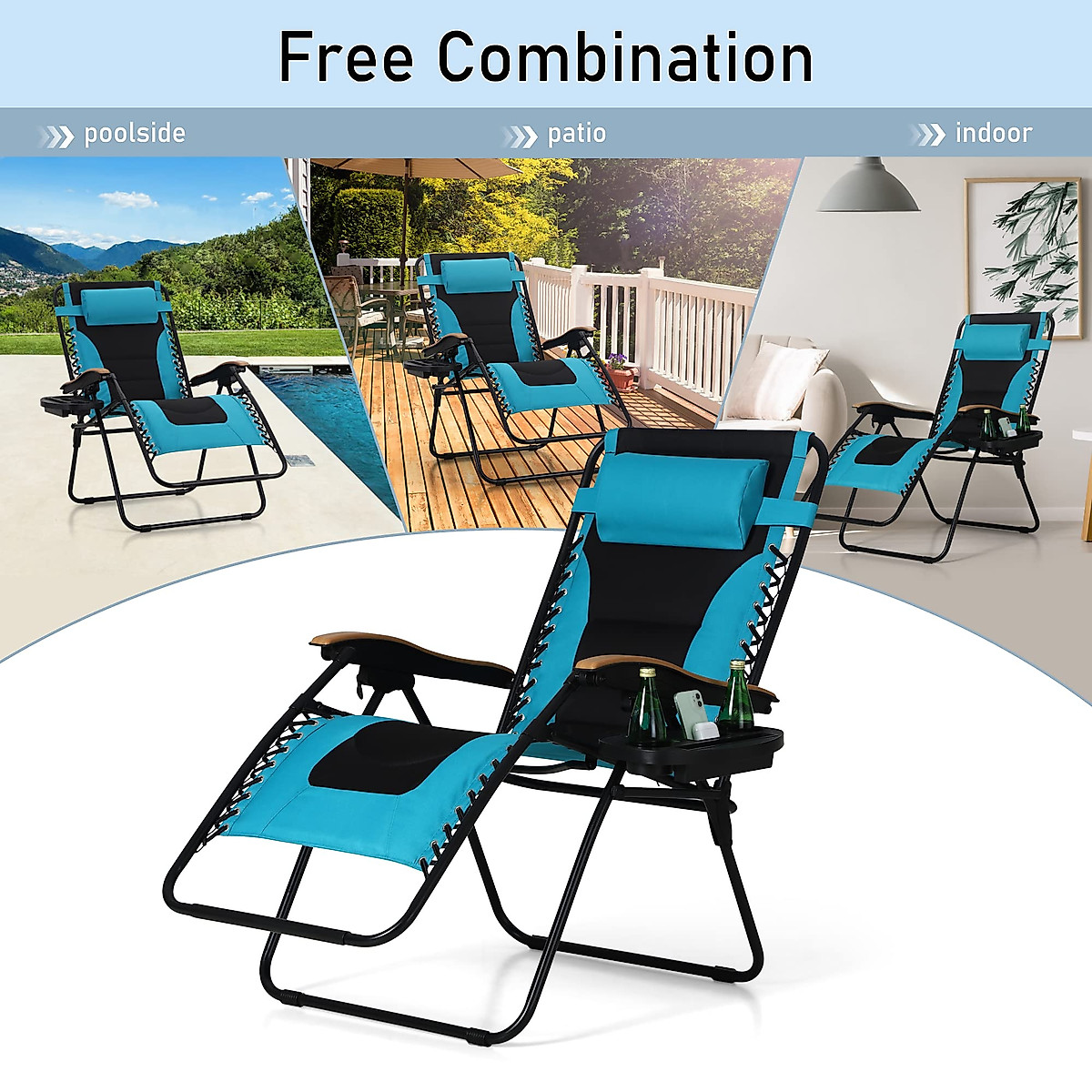 PHI VILLA XXL Oversized Padded Zero Gravity Chair, Foldable Patio Recliner, 30" Wide Seat Anti Gravity Lounger with Cup Holder, Support 400 LBS (Aqua)