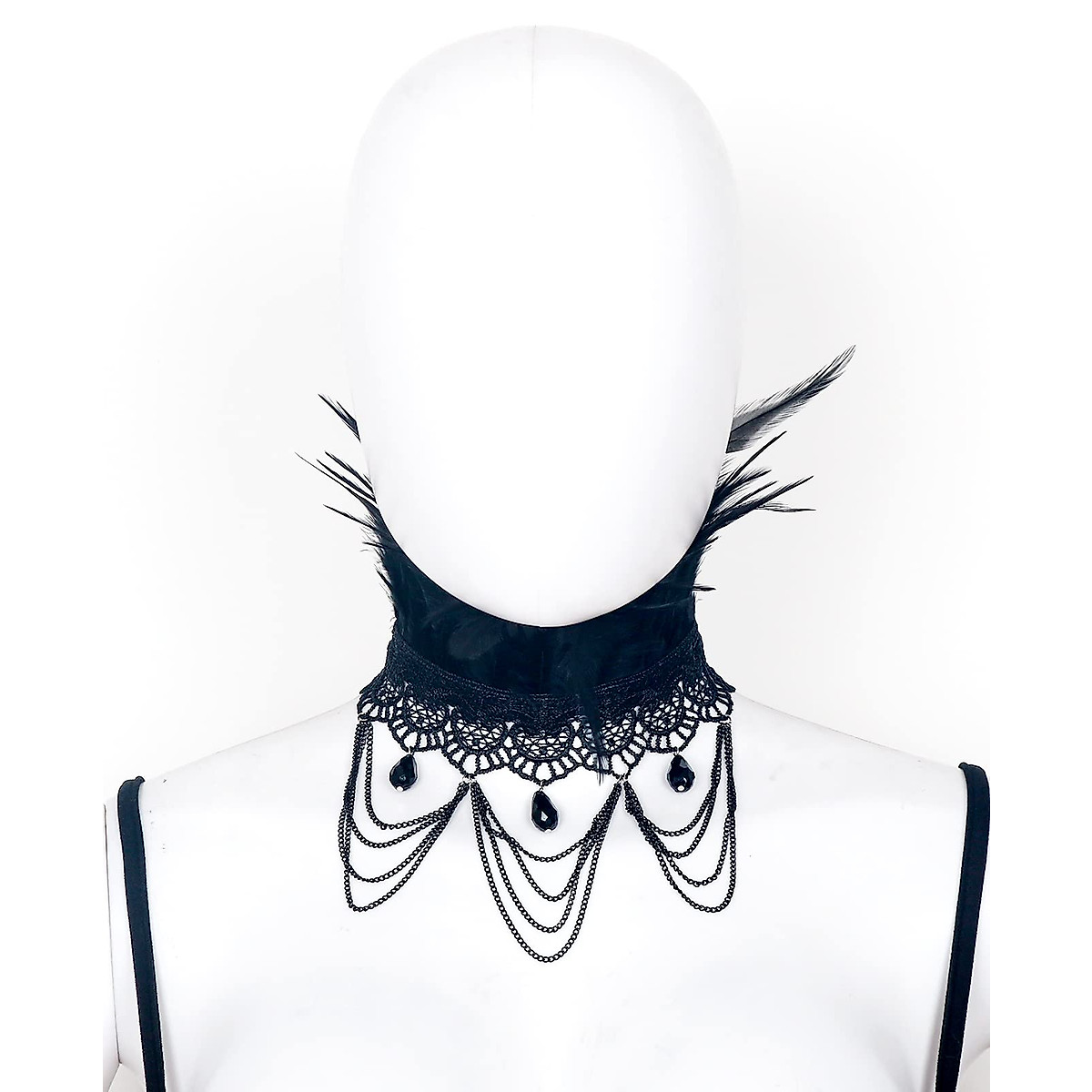 L'VOW Black Feather Choker Necklace Gothic Jewelry Vampire Neck Chain Steampunk Tattoo Lace Accessories Halloween Costume(Black-1)