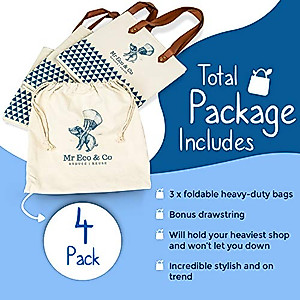 Mr Eco&Co Reusable Grocery Bags Heavy Duty - 4 Pack of Washable, Reusable Shopping Bags Made From Strong, Sturdy Leather Handles and 100% Cotton Canvas, Perfect for Shops, Markets or Storage