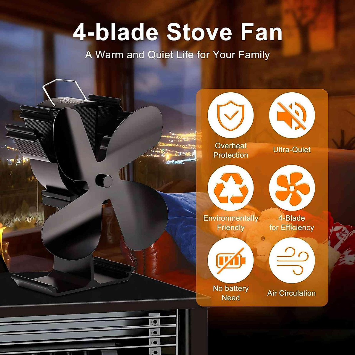 4-Blade Heat Powered Stove Fan for Wood / Log Burner/Fireplace - Eco Friendly(Black)