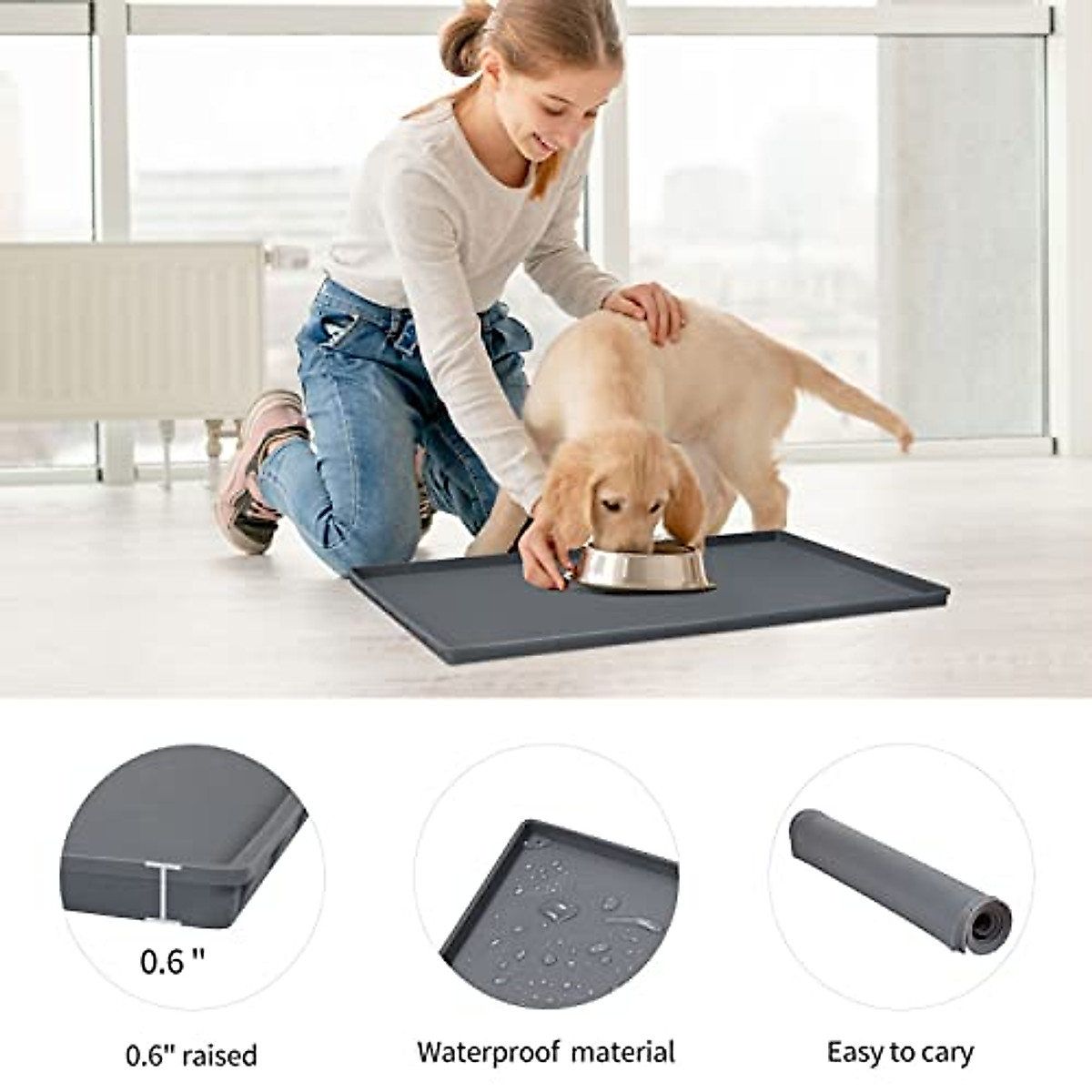 EIOKIT Dog Food Mat,Silicone Waterproof Dog Cat Food Tray,Non Slip Pet Bowl Mats Placemat,Size:(18.5" x 11.5") 0.6",(24" x 16") 0.6",(28" x 18") 0.8",(32" x 24") 1" Raised Edge