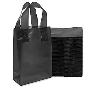 Prime Line Packaging Plastic Gift Bags with Handles, Shopping Tote for Small Business, Black Frosted, Retail, Boutiques, To Go, Party, 6x3x9 100 Pack