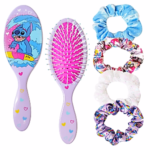 Stitch Hair Accessory 5 Pcs Set - 1 Regular 9 inch Stitch Hairbrush & 4 Scrunchies - Detangling Brush - Elastic Hair Ties Ropes for Girls, Ages 3+
