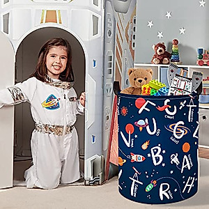 Clastyle 45L Universe Space Alphabet Planet Nursery Laundry Basket Rocket Round Toy Clothes Blue Storage Basket for Kindergarten, 14.2x17.7 in