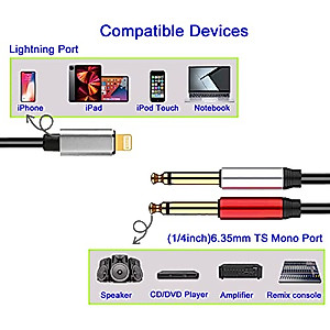 WUSERNING iOS Port to 2-Male 6.35mm (1/4 inch) TS Mono Stereo Y-Cable Splitter Compatible for iPhone,iPad,iPod,Amplifier,Mixing Console,Speaker,etc(6.6Feet)