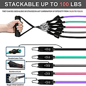 Exercise Resistance Bands Set for Women, Home Gym Fitness Workout Bands 11PCS with Fitness Tubes, Foam Handles, Ankle Straps, Door Anchor, Carrying Pouch for Yoga, Physical Therapy, Up to 100 lbs