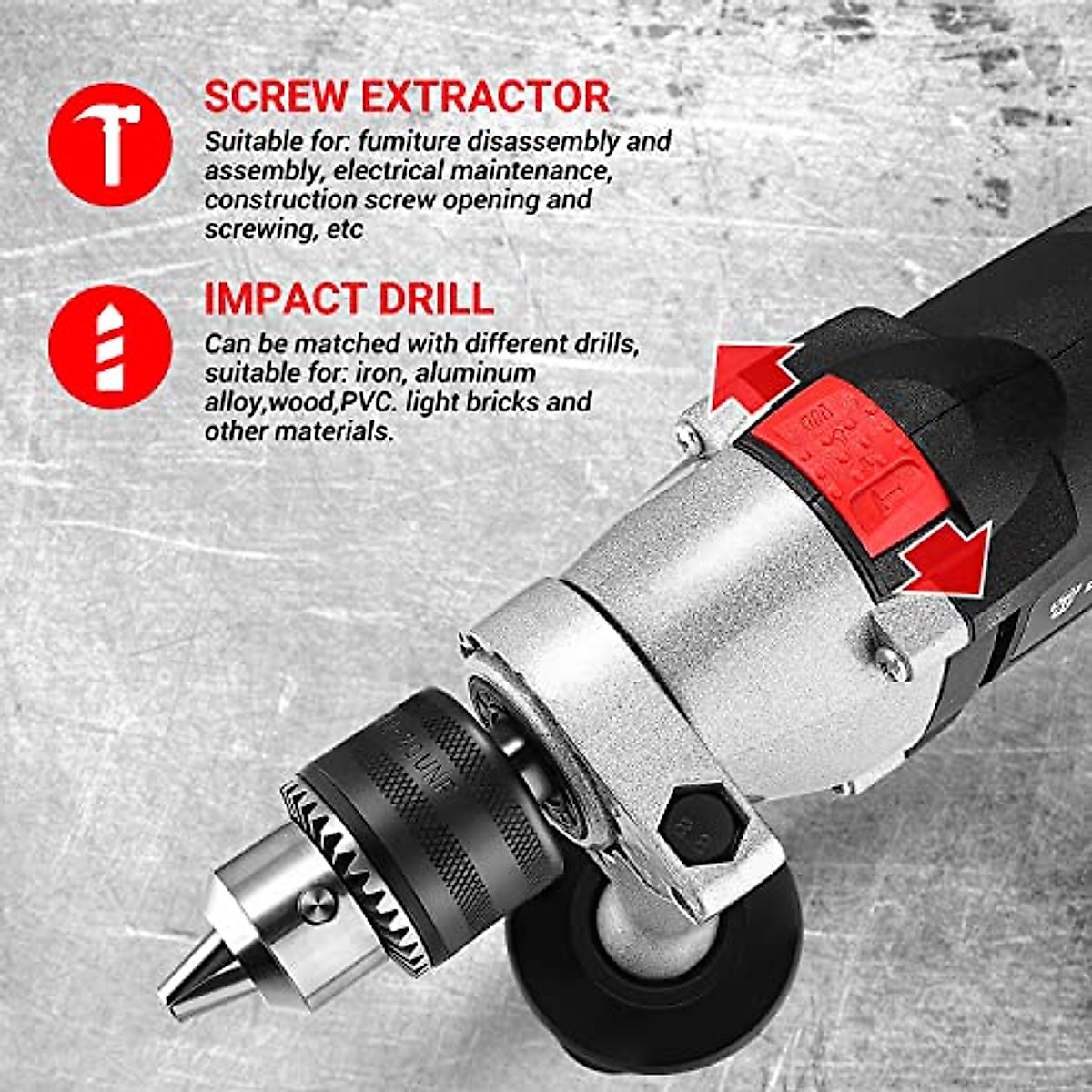DEKOPRO 8Amp 1/2-inch Corded Impact Drill with 12pcs Accessories, Variable Speed 0-2800, Hammer and Drill 2 Functions in 1, 360°Rotating Handle, Depth Gauge, Carrying Case Included