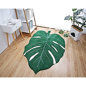 Poowe Monstera Non Slip Bath Mat or Kitchen Tufted Rug | Plant Leaf Shaped Kids Pets Floor Mat Carpet 17.7"×29.5"
