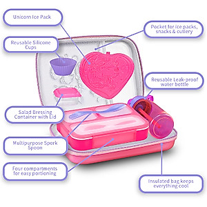 COO&KOO Unicorn Lunch Bag Lunch Box Set, Insulated Lunch Bag with 3 Compartment Bento Box Ice Pack Water Bottle Silicon Cap Spoon Salad Container for Lunch Kid's School Supplies Ideal for Age 7-15