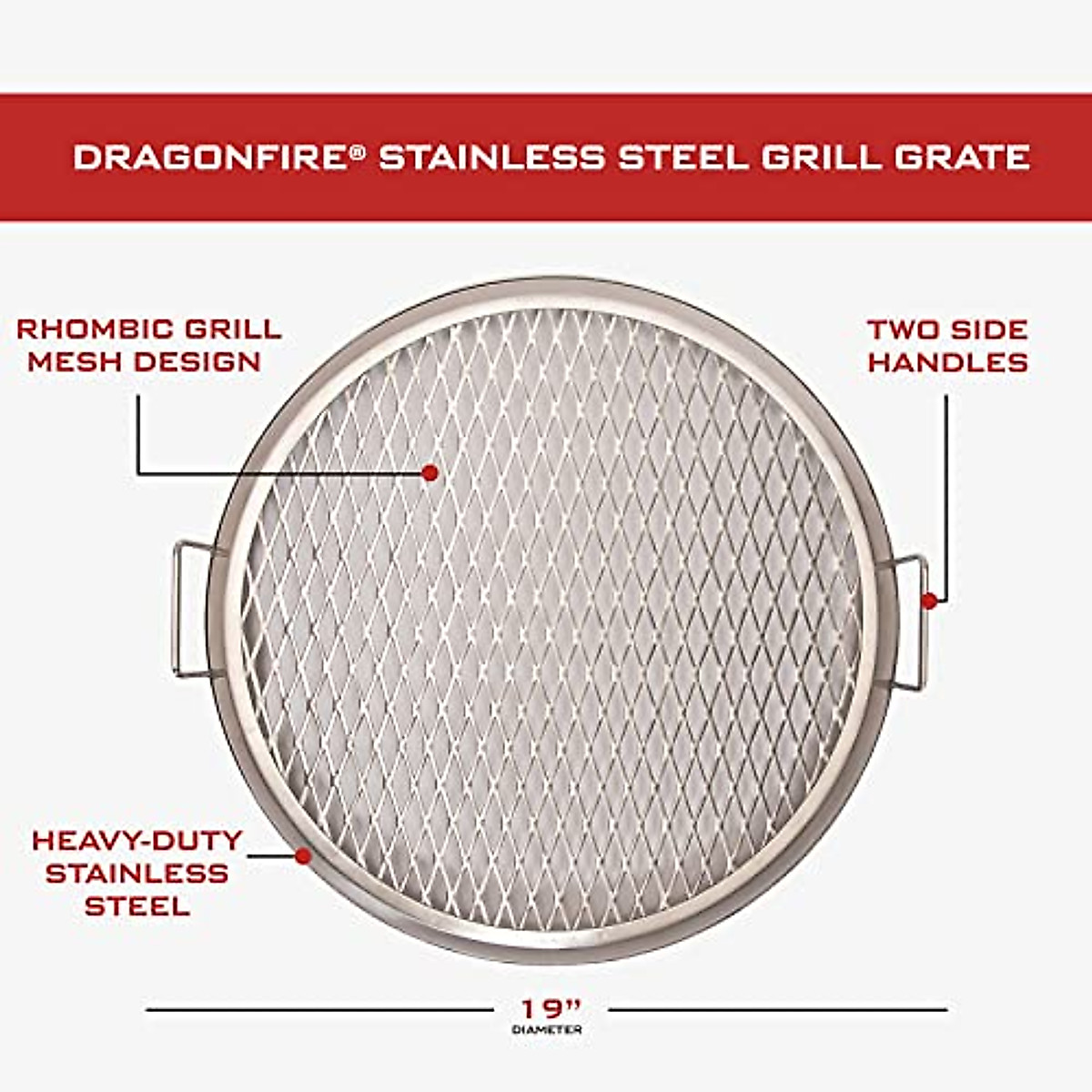 Dragonfire Stainless Steel Grill Grate - 19" Diameter Round Campfire Grate Made with Two Side Handles, Heavy-Duty Metal, and Rhombic Grill Mesh Design