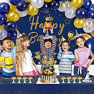 MOVINPE Navy Blue Gold Birthday Party Decorations, Birthday Photography Backdrop Banner Party Tablecloth Confetti Balloons Arch Garland Cake Topper for Bday Party Supplies Deocr
