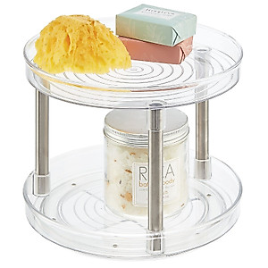 mDesign Plastic Spinning 2-Tier Lazy Susan Turntable Storage Tray - Rotating Organizer for Bathroom Vanity Counter Tops, Under Sink, Closets, Dressers - Clear/Chrome