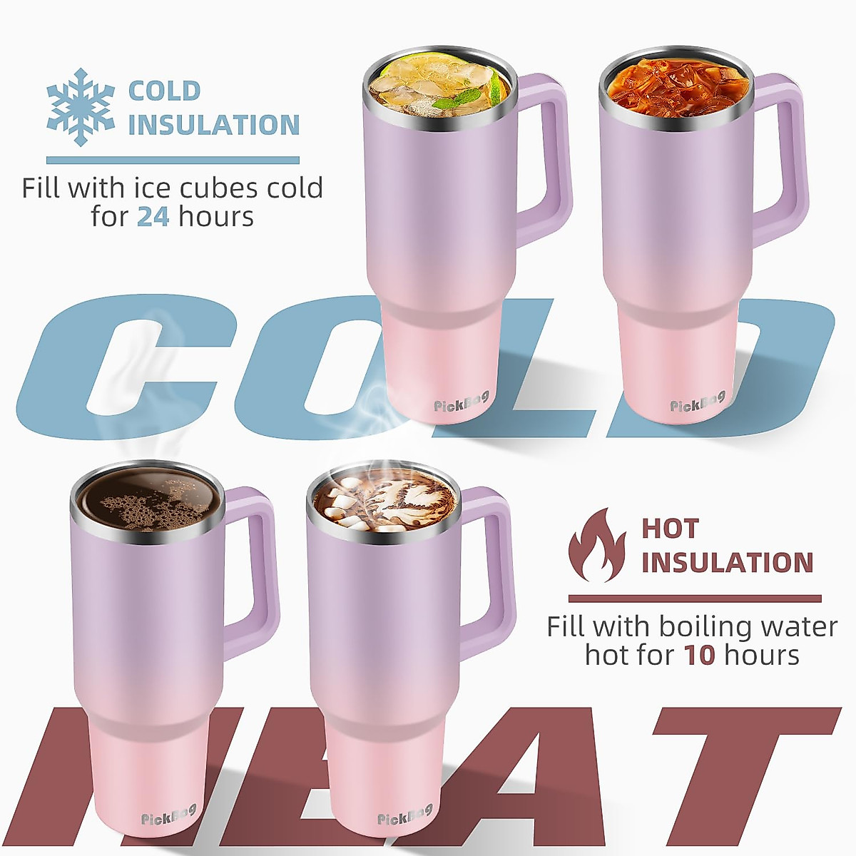 40 oz Tumbler with Handle and Straw, 100% Leak Proof Tumblers Cup, Stainless Steel Insulated Travel Coffee Mug, Keeps Drinks Cold for 24 Hours or Hot for 10 Hrs, Fit for Car Cup Holder, PurplePink