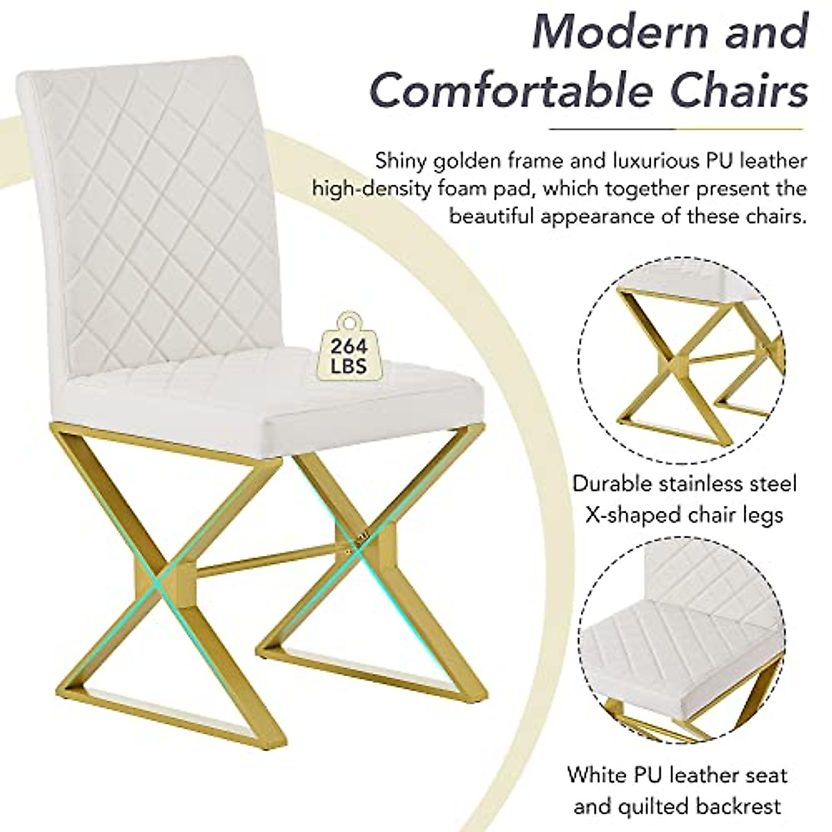 CITYLIGHT 7-Piece Kitchen Dining Table Set,Rectangular Marble Texture Table and 6 PU Leather Chairs with X-Shaped Gold Steel Pipe Legs,Modern Table Chairs Set for Dining Room(White+Gold)