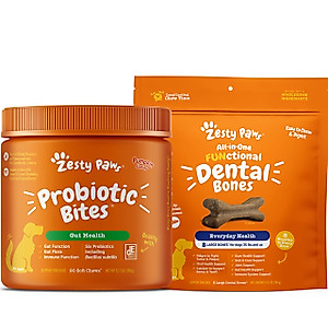 Zesty Paws Probiotics for Dogs - Digestive Enzymes for Gut Flora + Dental Bones for Large Dogs - Fights Tartar & Plaque