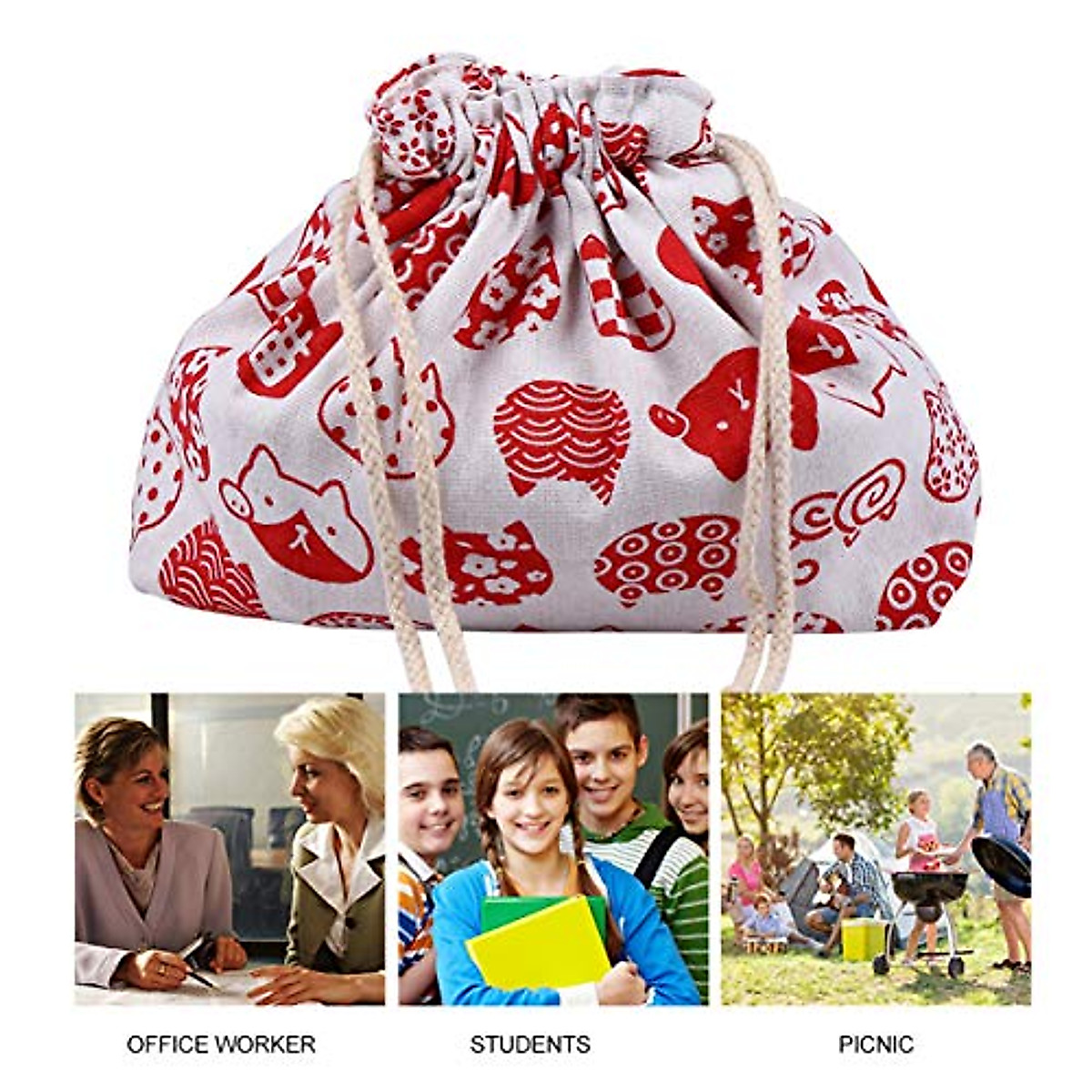 NUOBESTY Lunch Box Pouch with Drawstring Japanese Portable for Bento Boxes Tote Bag Picnic Office Outdoor Lunch Storage Handy Bags Cat Printed Red