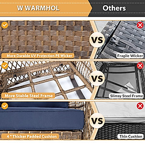 W WARMHOL Outdoor Wicker Rocking Chair with Thickened Cushions, All-Weather Rattan Patio Rocking Chairs, Rocker Wicker Chair for Porch Garden & Backyard, Navy Blue