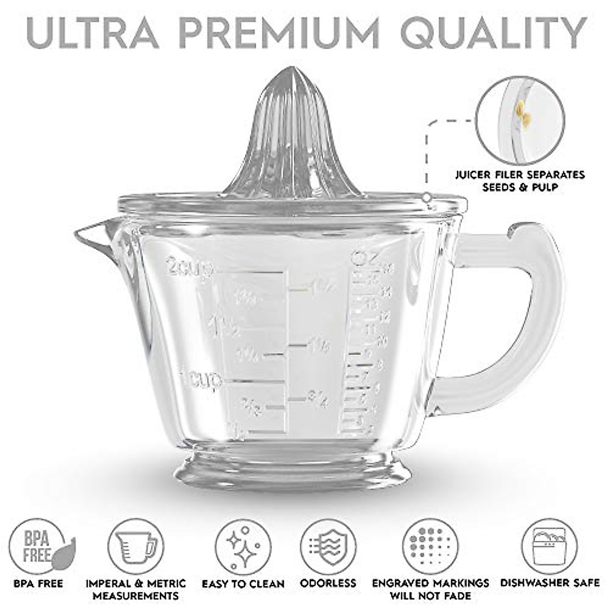 CuttleLab Glass Measuring 2-Cup with Lemon and Lime Juicer (2, Clear), Hand Juicer, Liquid Measuring Cups Manual Juicer, 2 Cup Measuring Cup, Ounce Measuring Cup, Citrus Reamer, Lemon Juicer Manual
