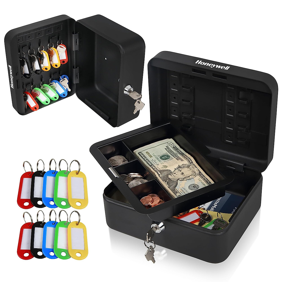 Honeywell Safes & Door Locks - 6111 Convertible Steel Cash and Security Box with Key Lock, Black 6.6x7.9x3.5