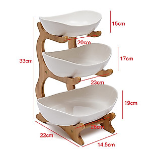 Futchoy Household 3 Tier Ceramic Fruit Plate Bowl,Bamboo Wooden Frame Plate Basket Holder,for Vegetables,Fruit and Candy Organizing (White)