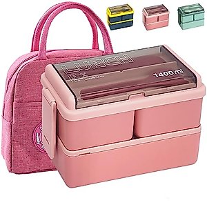 Bazasa Lunchbox Bento Box Lunch Containers for Work Lunchbox for Men Woman Leak-Proof Lunch Box With 3 Compartments & Sauce Container Pink Bento Box Microwave-& Dishwasher-Safe