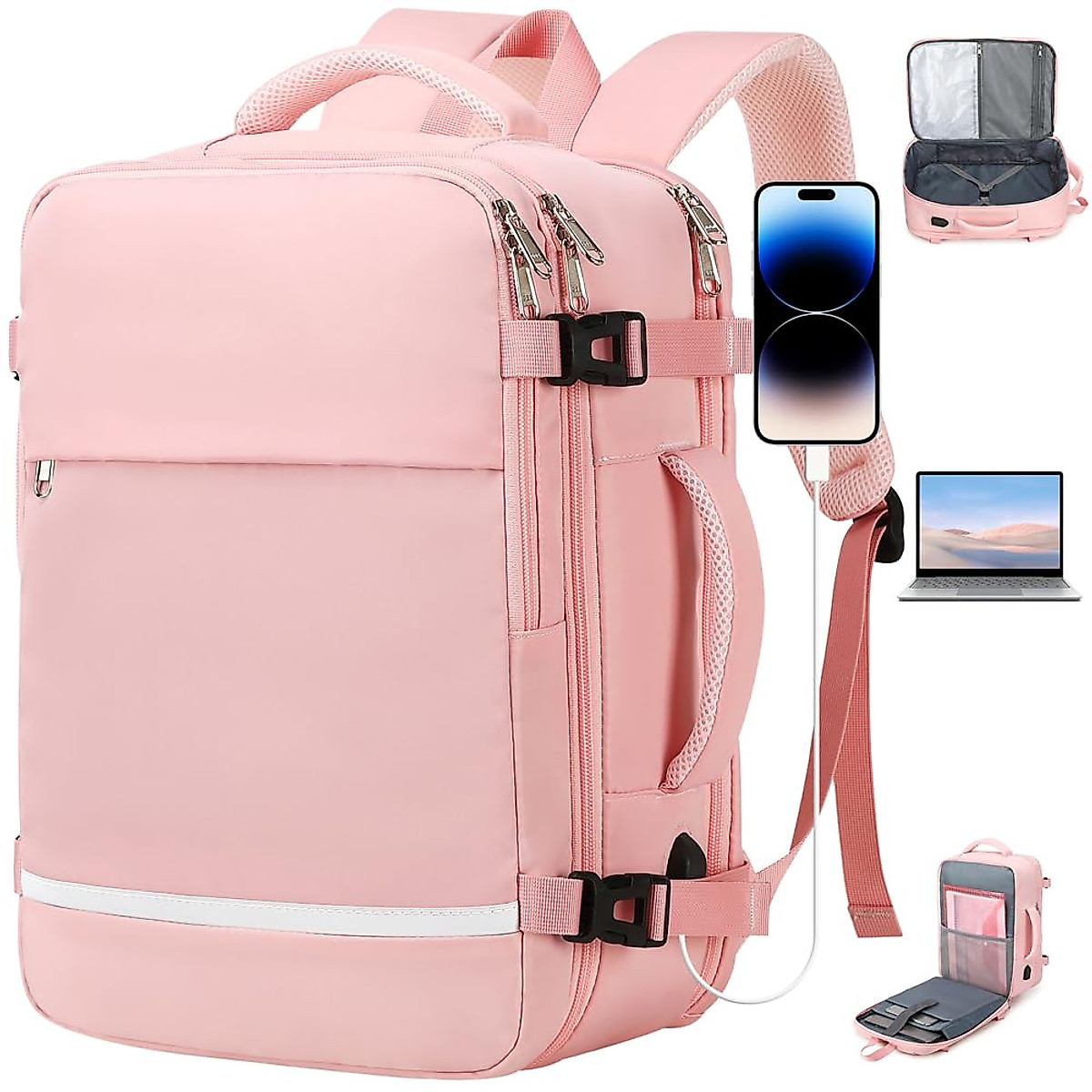 XJ-HOME Women Travel Laptop Backpack with USB Charging Port, Backpack for Traveling on Airplane with Laptop Compartment, Carry on Backpack Flight Approved with Luggage Strap, Fit for 15.6" Laptop,Pink