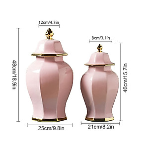Handmade Pink Hexagon Ginger Jar Vase Ornament, Home & Living Room Decorative Jar, Gold-Plated Ceramic Temple Jar (Size : Large)