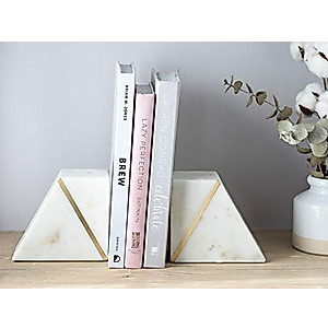 Cork & Mill Marble Bookends - Set of 2 Heavy Decorative Book Stoppers with Non-Skid Bottom - Handcrafted Solid Marble Bookshelf Decor (White + Brass)