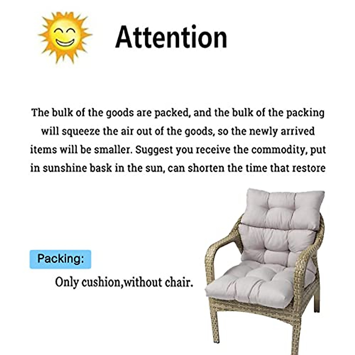 SEAHOME Patio High Back Chair Cushion, Chair Seat Pads with Non-Slip String Ties,All Weather Rocker Replacement Cushions for Indoor Outdoor Use, Patio Wicker Furniture Cushion (Grey)